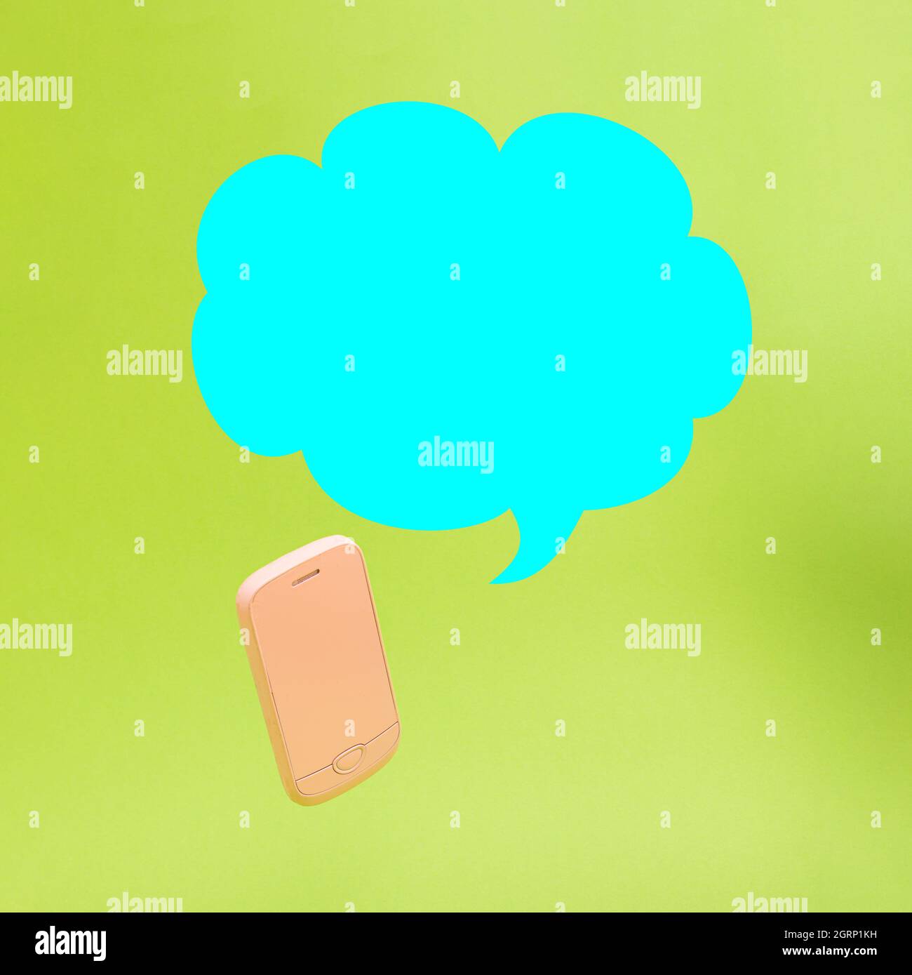 Blank blue speech bubble with pink 3d smartphone icon against green ...