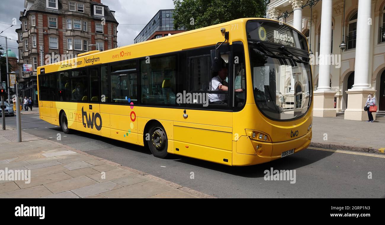 NOTTINGHAM, UNITED KINGDOM - Jul 29, 2021: A yellow 'The Two' bus in ...