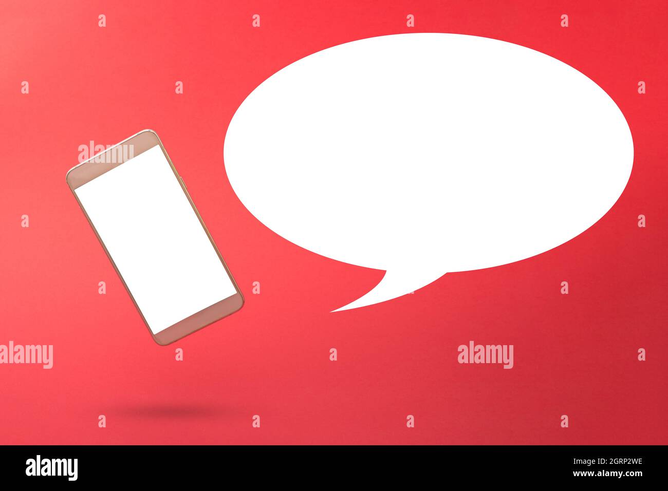 Blank white speech bubble with grey 3d smartphone icon against red ...