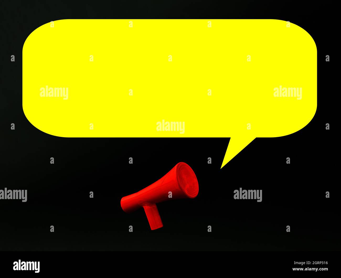 Blank yellow speech bubble with red 3d megaphone icon against black ...