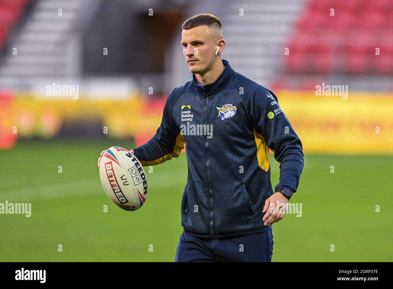Ash Handley (5) of Leeds Rhinos arrives at the Totally Wicked Stadium ...