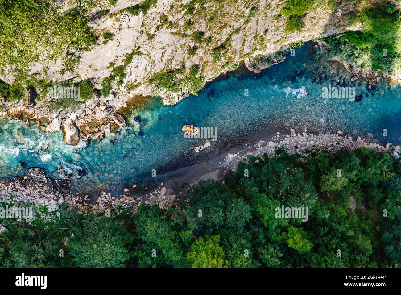 The aerial view of the blue river. Rafting in canyon of river Tara ...
