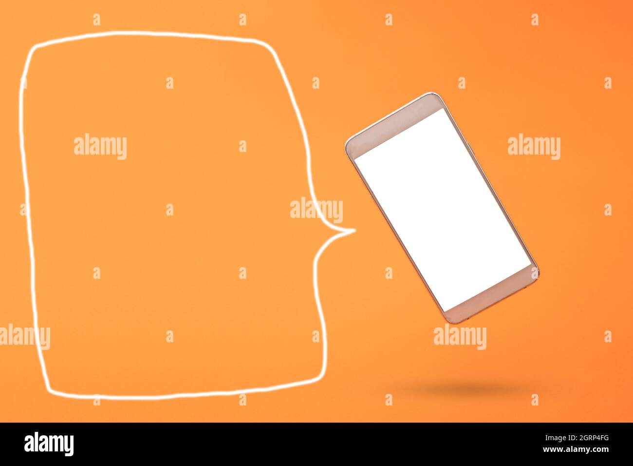 Blank speech bubble with grey 3d smartphone icon against orange ...
