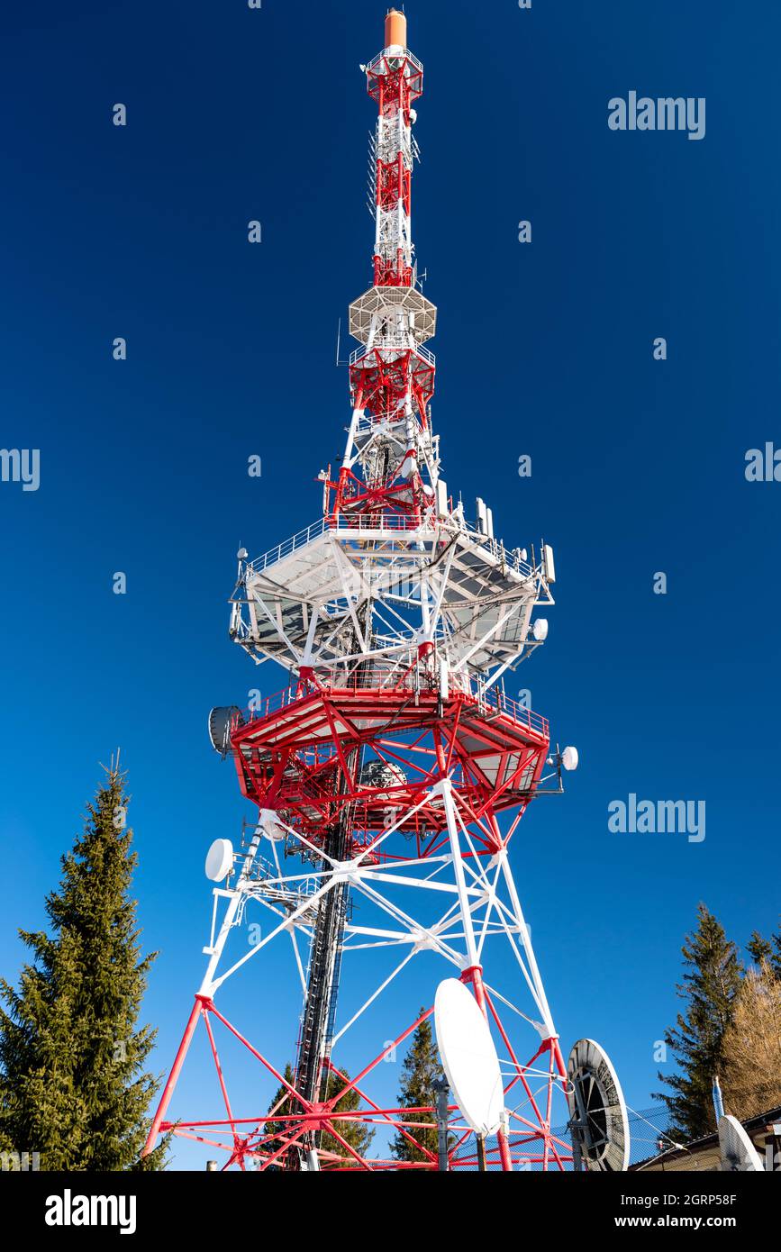 Red white electricity pylon in hi-res stock photography and images - Alamy