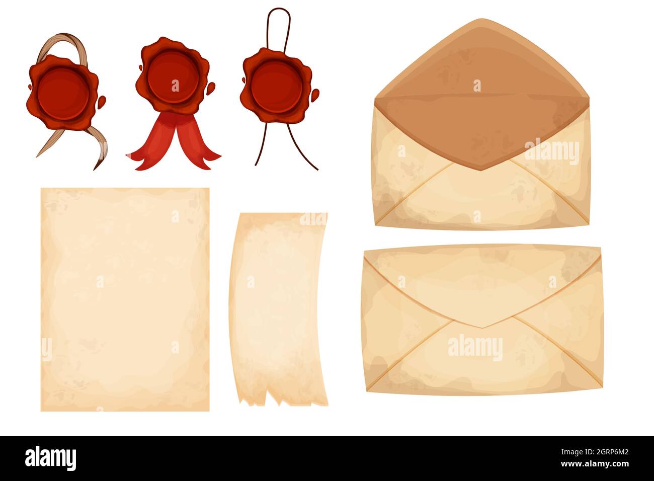 Set vintage envelope, letters, paper with red wax seal in cartoon style ...