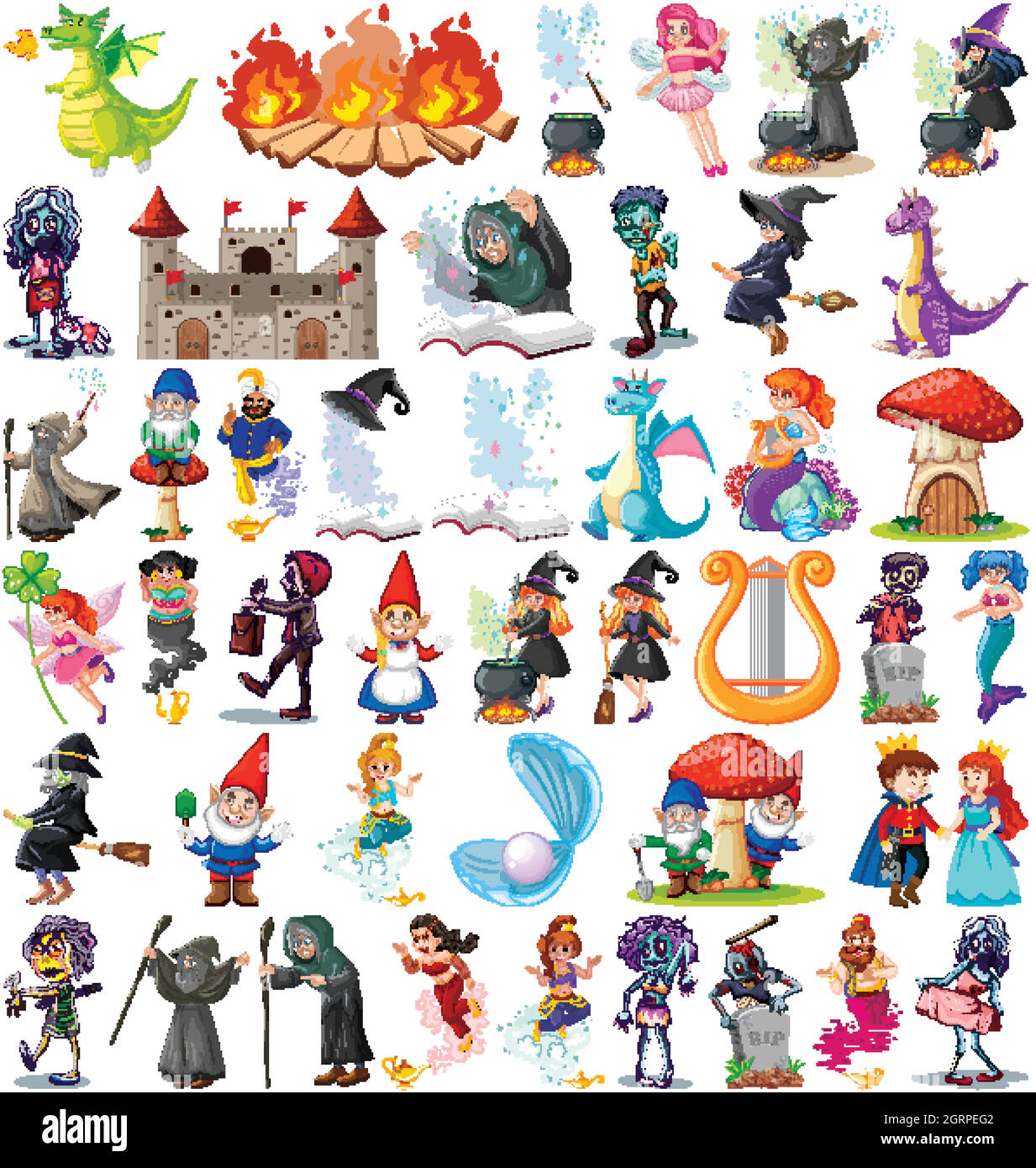 Set of fantasy cartoon characters and fantasy theme isolated on white ...