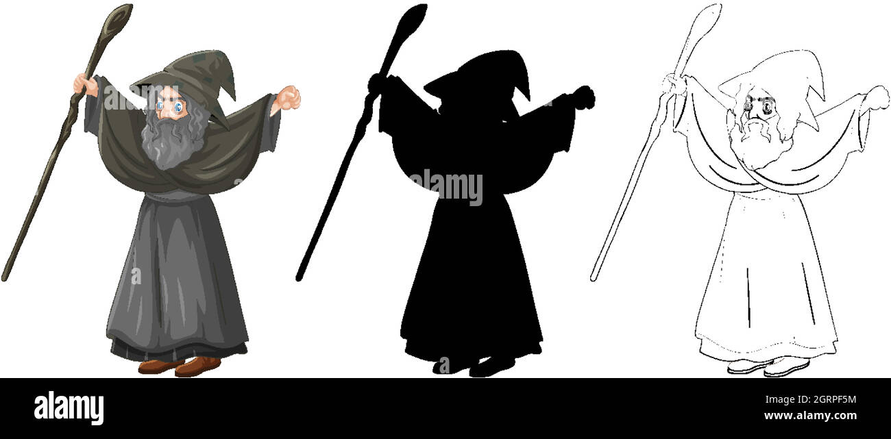 Wizard in color and outline and silhouette cartoon character isolated ...