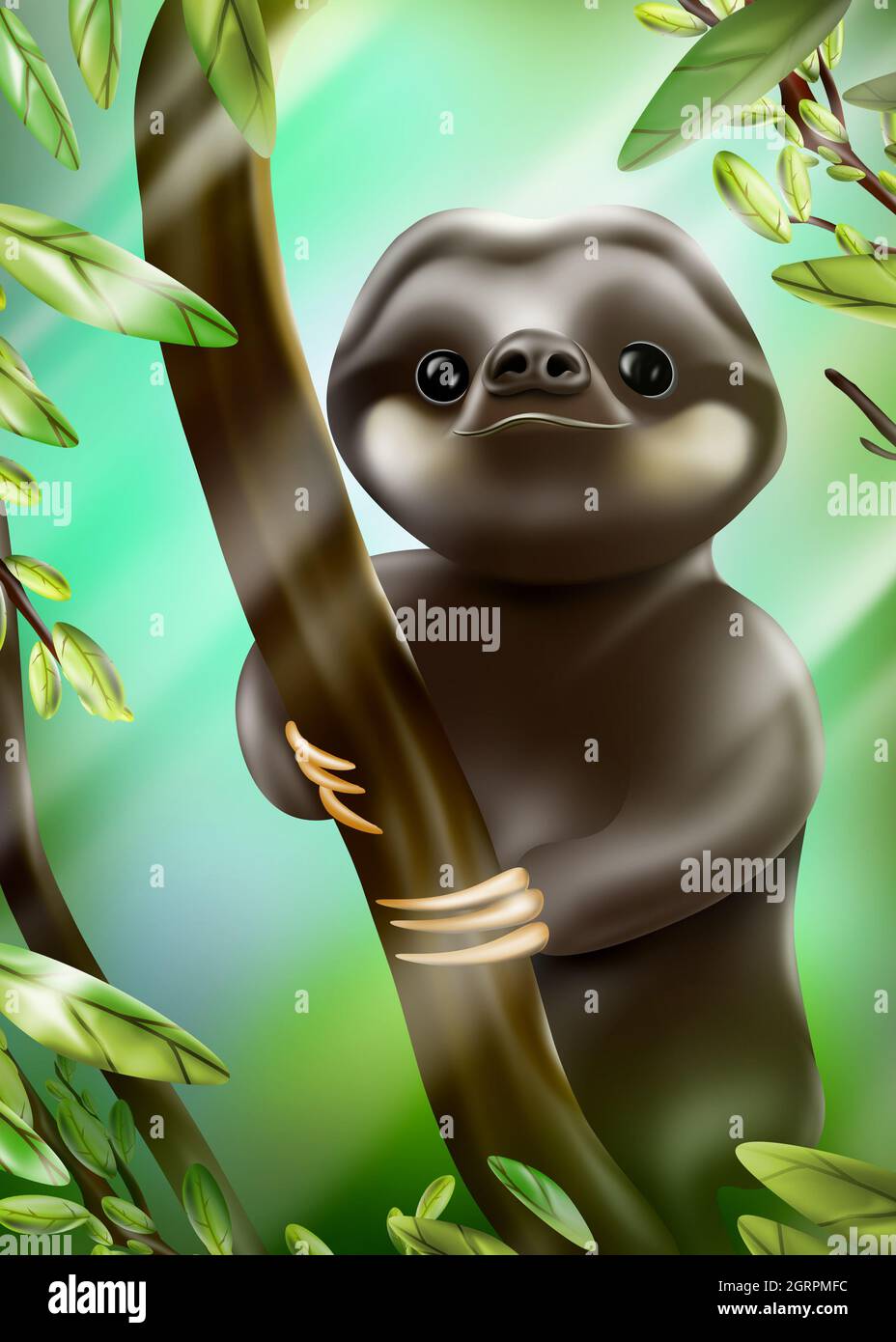 Sloth print in rainforest. Cute sloth smiling in tree with sun shines ...