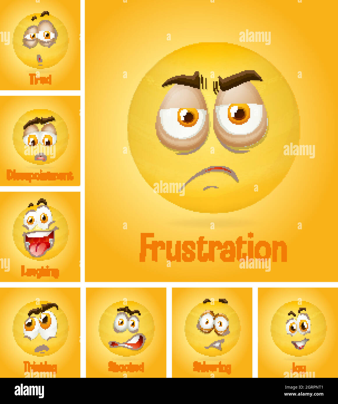 Set of different emotion yellow faces with tired text on yellow ...