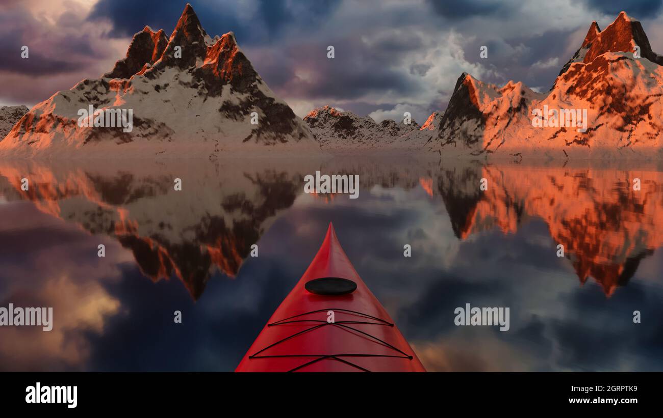 Kayaking in Glacier Lake Water surrounded by Rugged Alpine Mountain ...