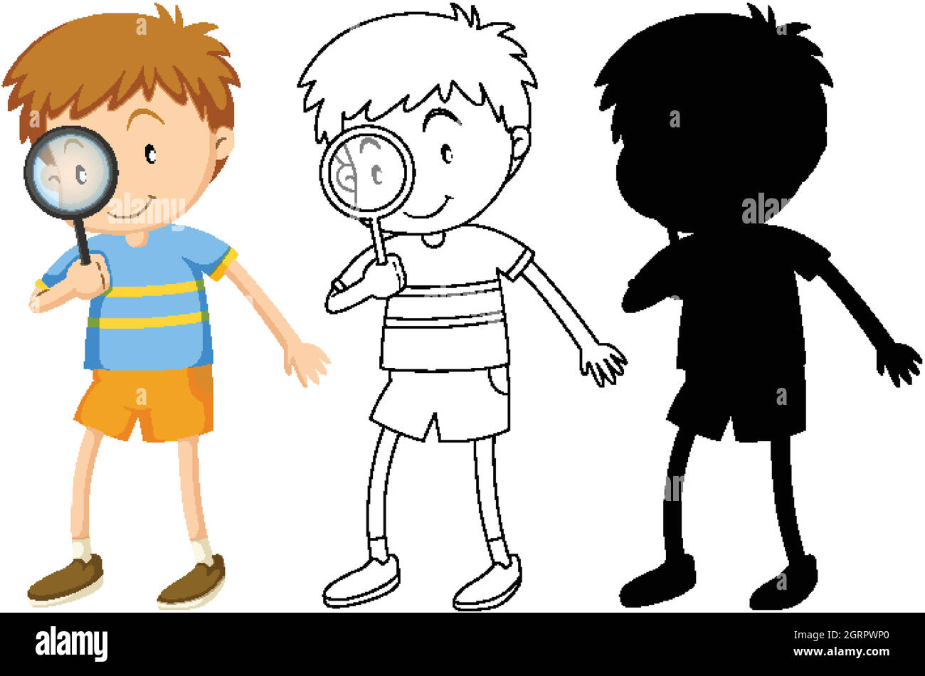 Boy holding magnifying glass in color and outline and silhouette Stock ...