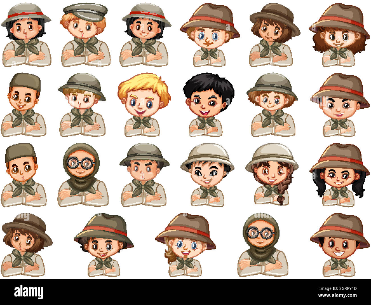 Set of different characters of boys and girls scout costume on a white ...