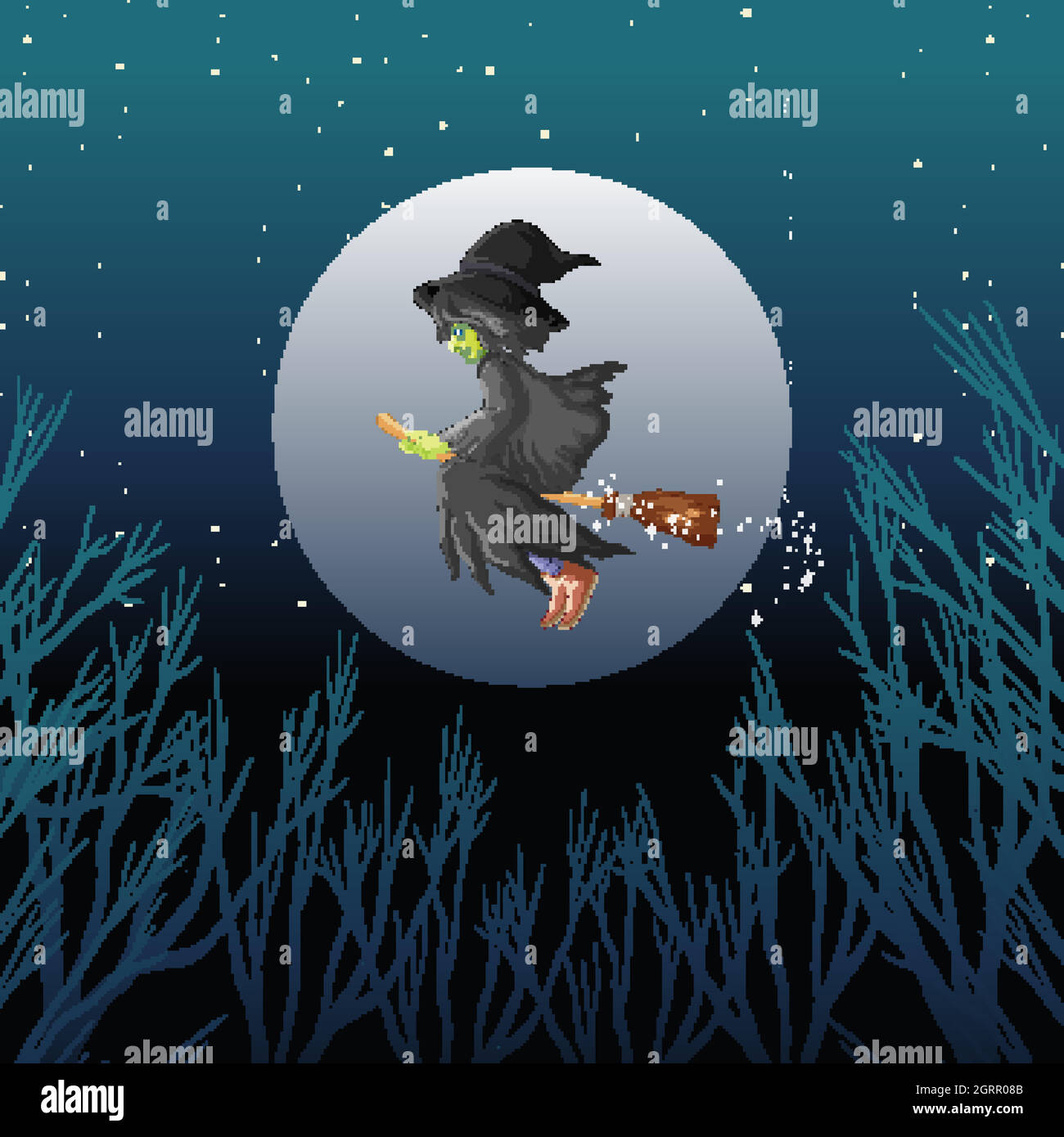 Witch riding broomstick cartoon style on dark sky background Stock ...
