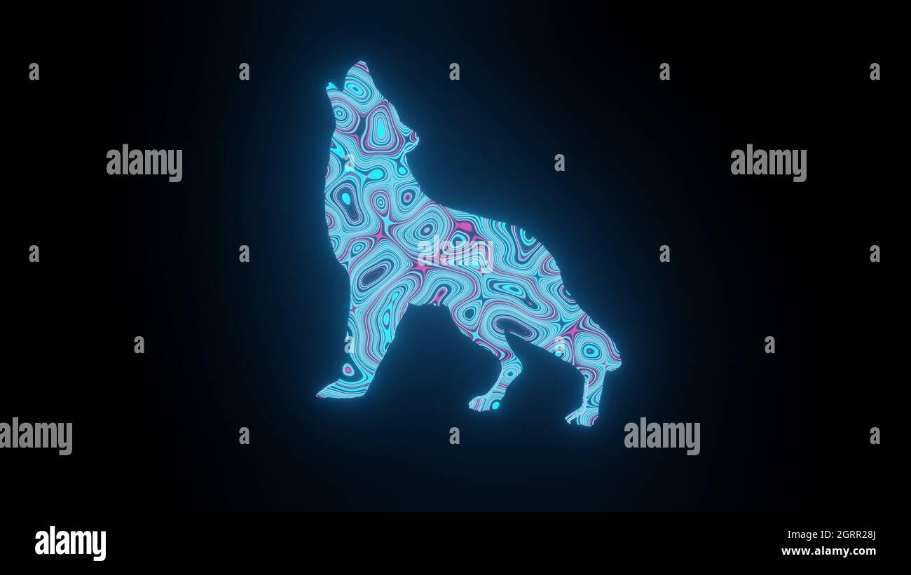 Graphic illustration of a blue wolf isolated on the black background ...
