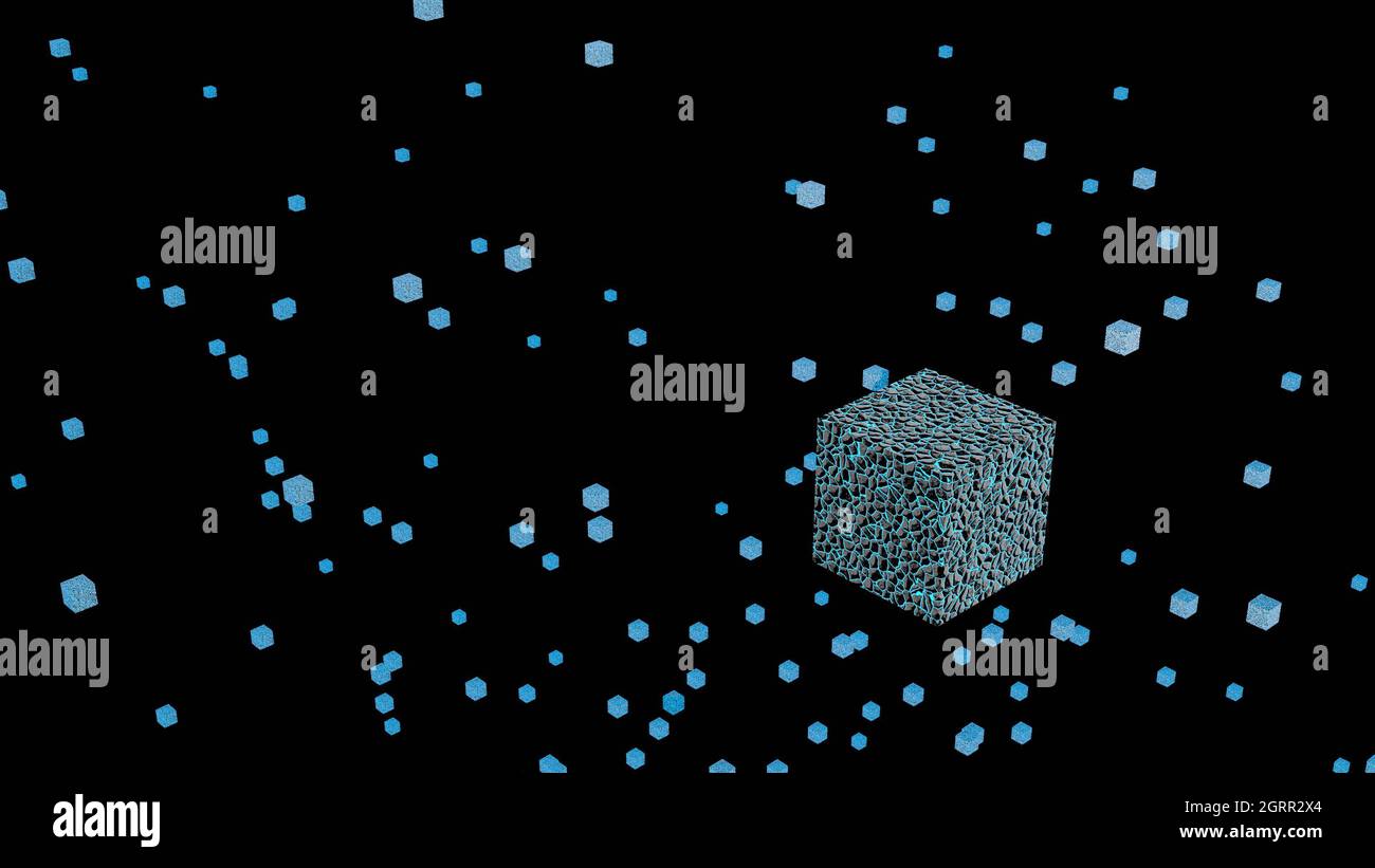 Graphic illustration of a big cube and small ones floating in the space ...