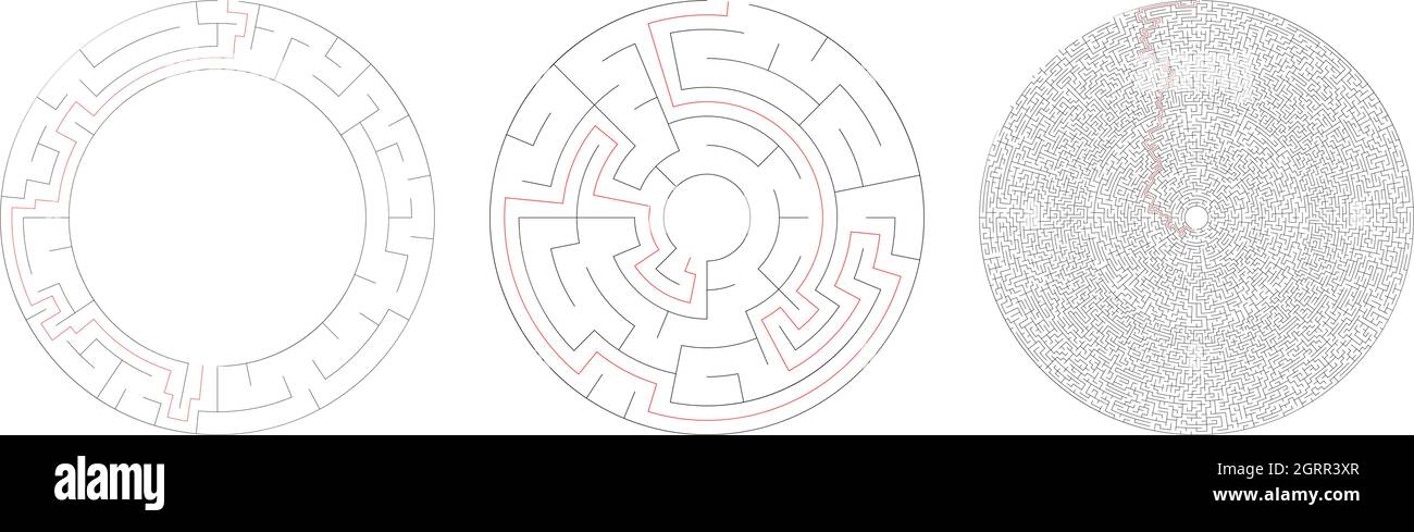 Circle, circular maze, labyrinth riddle game set. Problem solving, rebus, puzzle, brain teaser ...