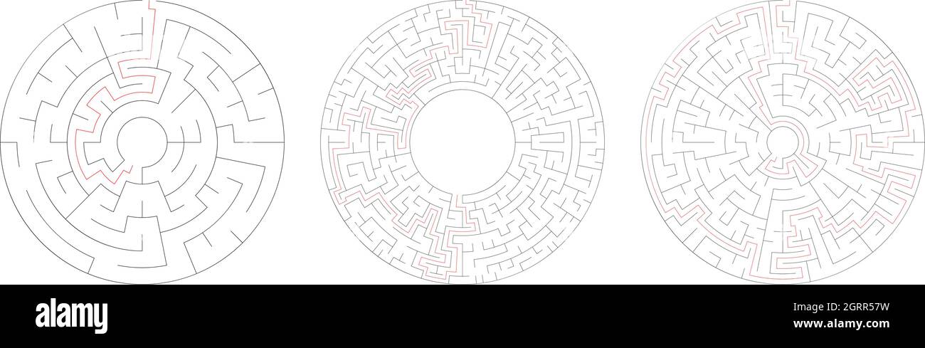 Circle, circular maze, labyrinth riddle game set. Problem solving, rebus, puzzle, brain teaser ...