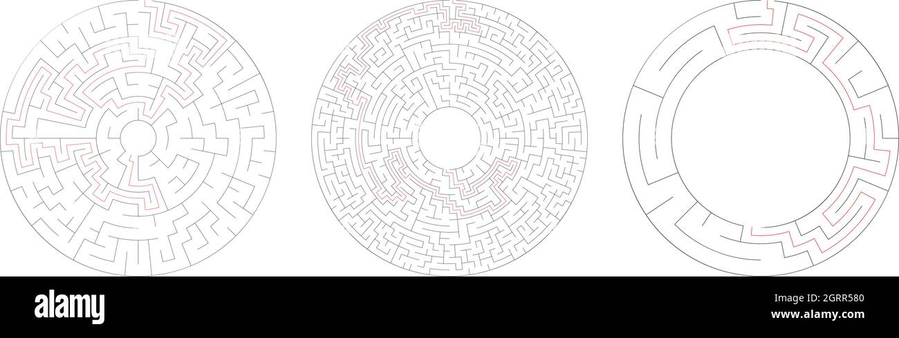 Circle, circular maze, labyrinth riddle game set. Problem solving, rebus, puzzle, brain teaser ...