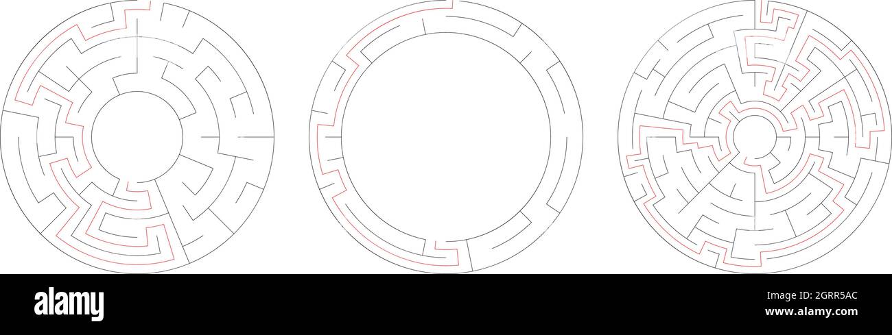Circle, circular maze, labyrinth riddle game set. Problem solving, rebus, puzzle, brain teaser ...