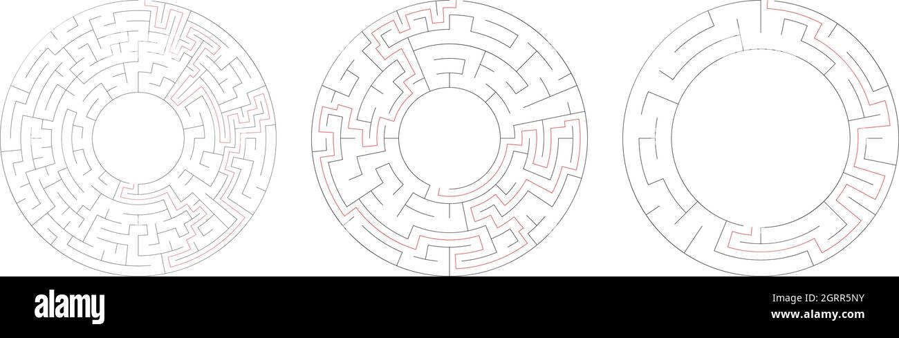 Circle, circular maze, labyrinth riddle game set. Problem solving, rebus, puzzle, brain teaser ...
