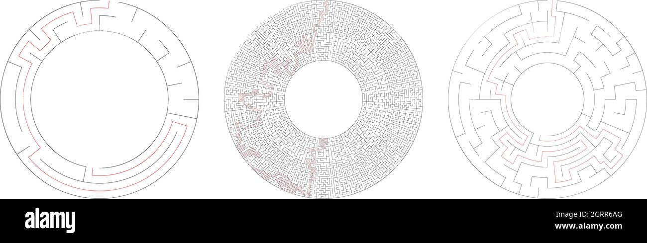 Circle, circular maze, labyrinth riddle game set. Problem solving, rebus, puzzle, brain teaser ...