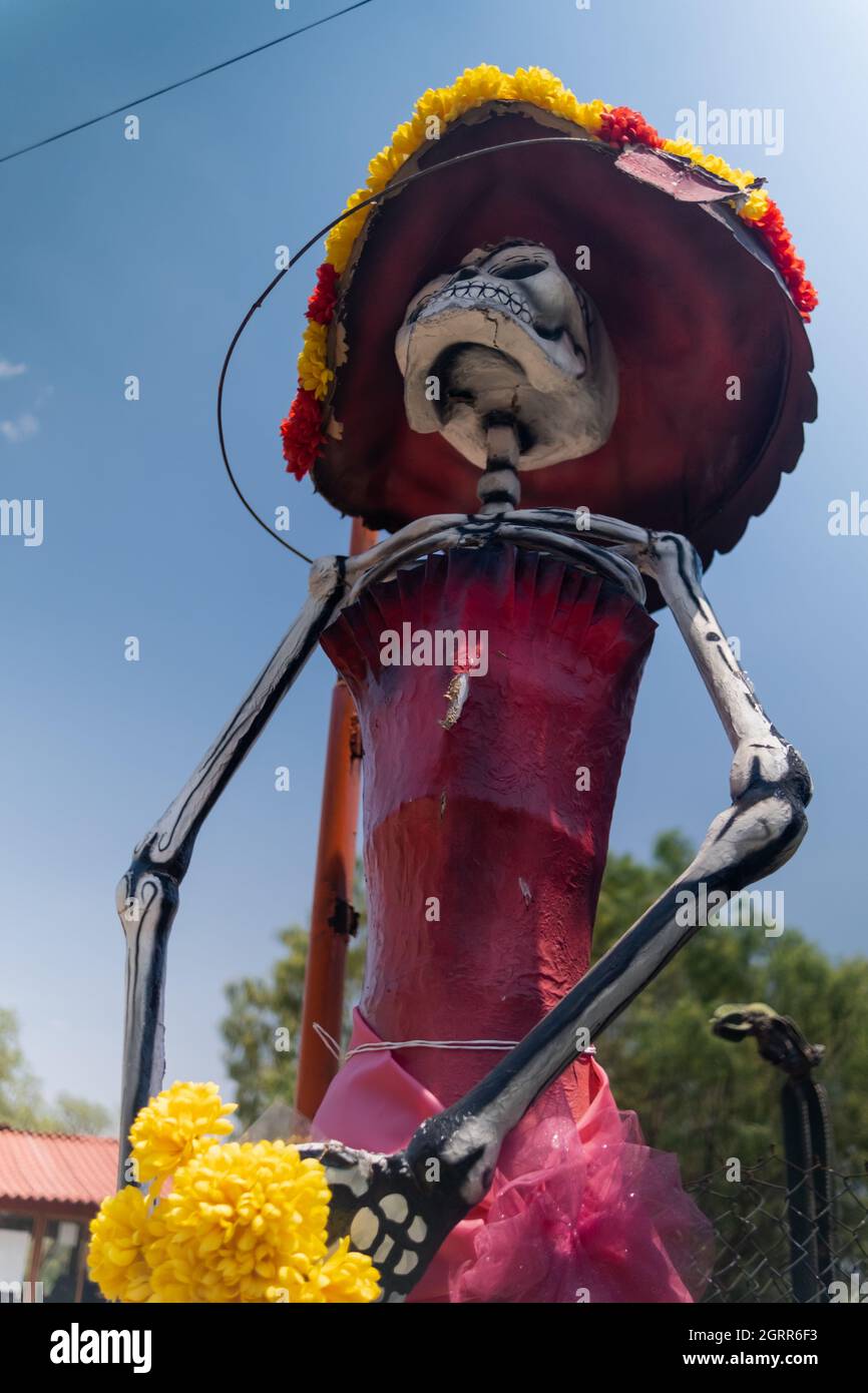 Traditional Mexican skeleton sculpture in red dress and hat under blue ...