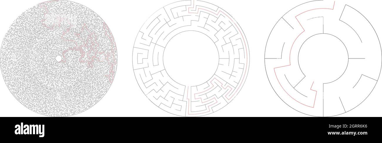 Circle, circular maze, labyrinth riddle game set. Problem solving, rebus, puzzle, brain teaser ...