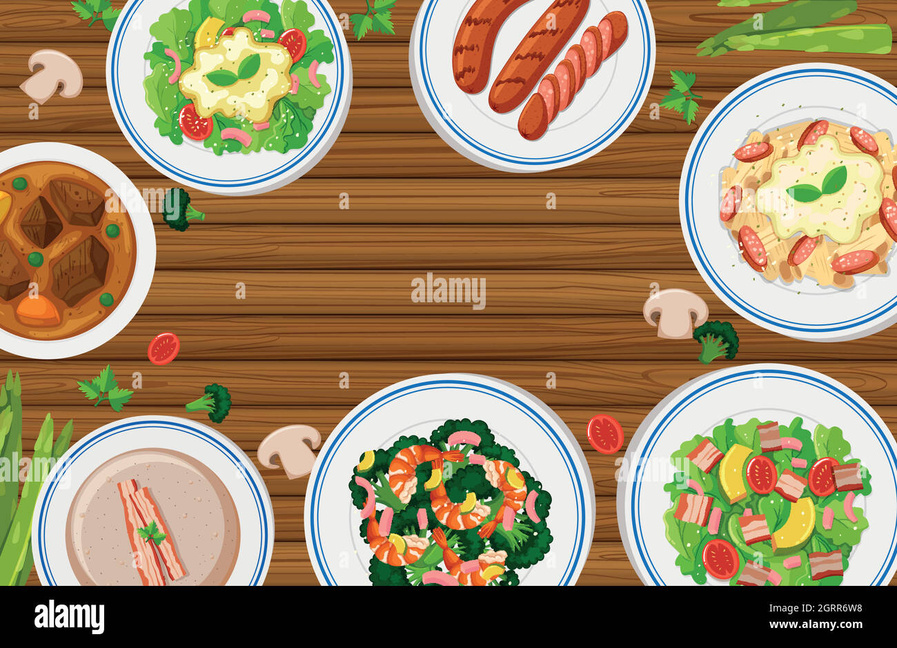 Sausage on wooden background Stock Vector Images - Alamy