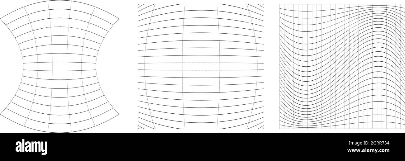 Set of deformed, distorted grids, meshes. Flex, camber, deformity effect on lattice, grating ...