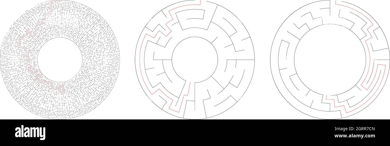 Circle, circular maze, labyrinth riddle game set. Problem solving, rebus, puzzle, brain teaser ...