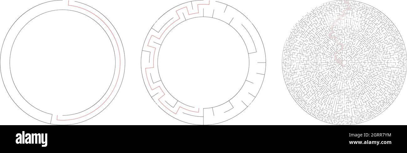 Circle, circular maze, labyrinth riddle game set. Problem solving, rebus, puzzle, brain teaser ...