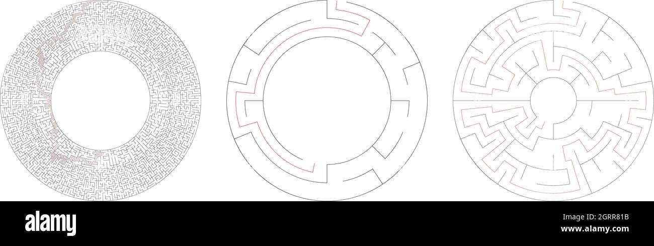 Circle, circular maze, labyrinth riddle game set. Problem solving, rebus, puzzle, brain teaser ...