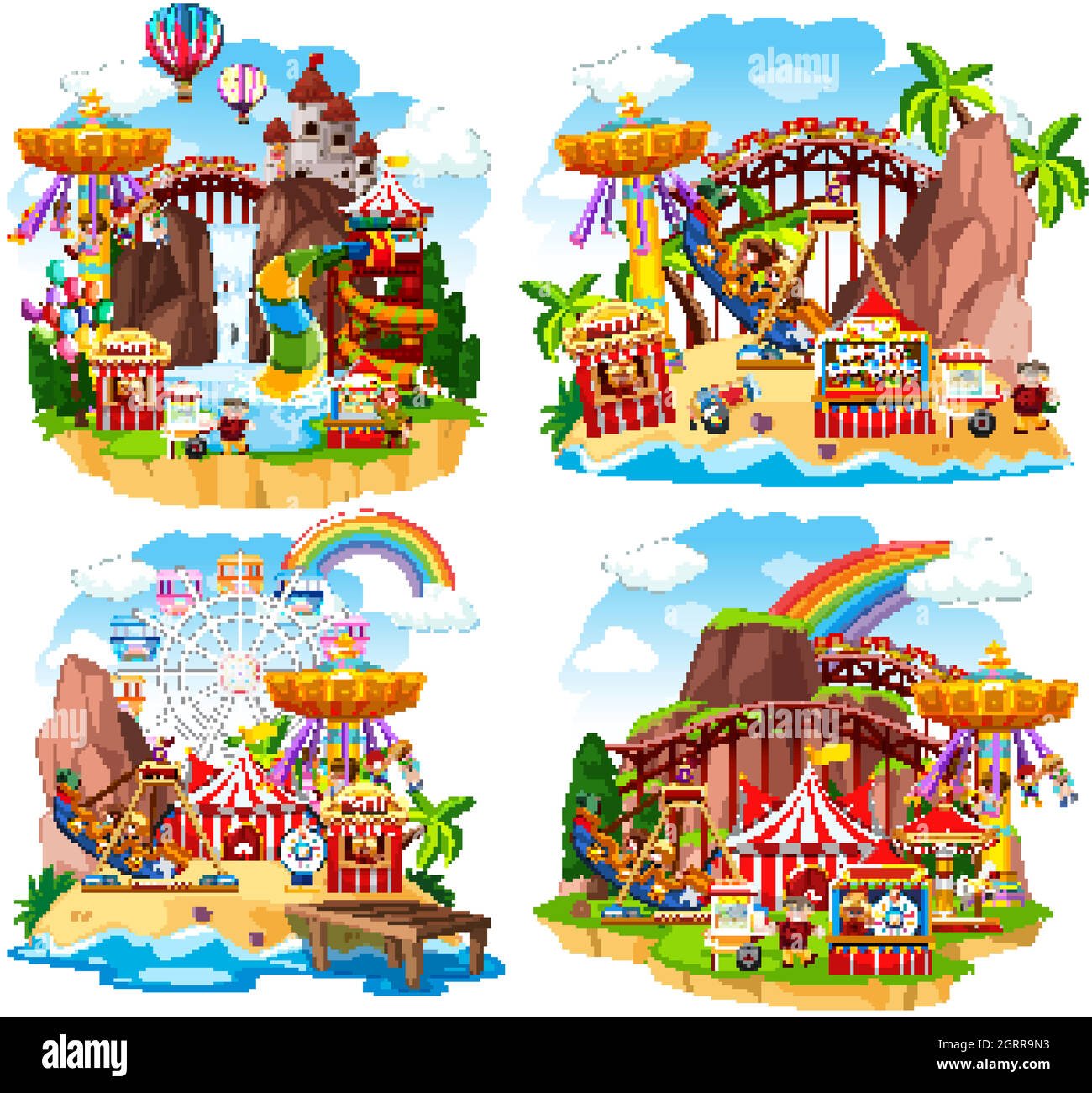 Themepark scene with many rides and happy children Stock Vector Image ...