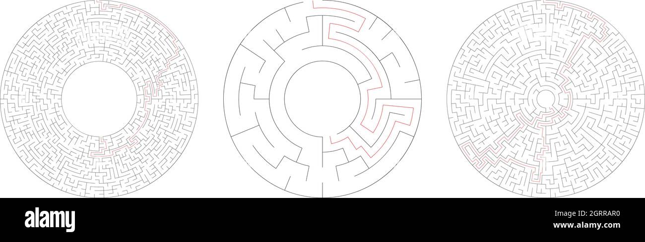 Circle, circular maze, labyrinth riddle game set. Problem solving, rebus, puzzle, brain teaser ...