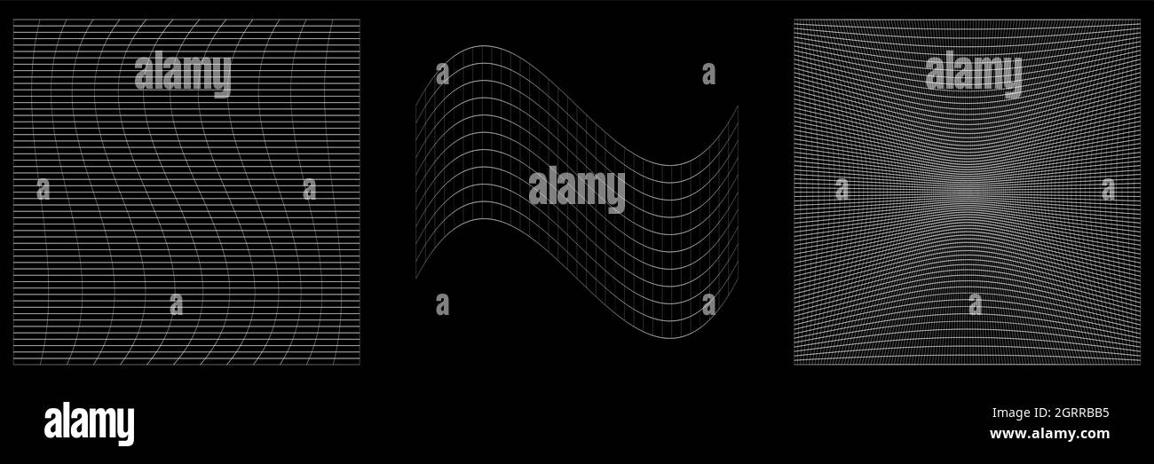 Set of deformed, distorted grids, meshes. Flex, camber, deformity effect on lattice, grating ...