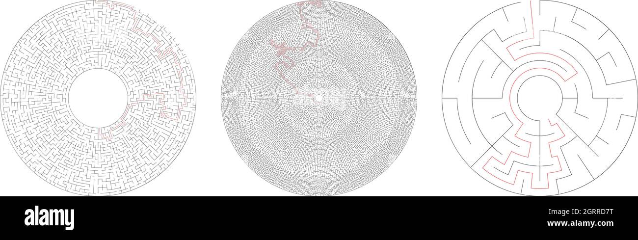 Circle, circular maze, labyrinth riddle game set. Problem solving, rebus, puzzle, brain teaser ...