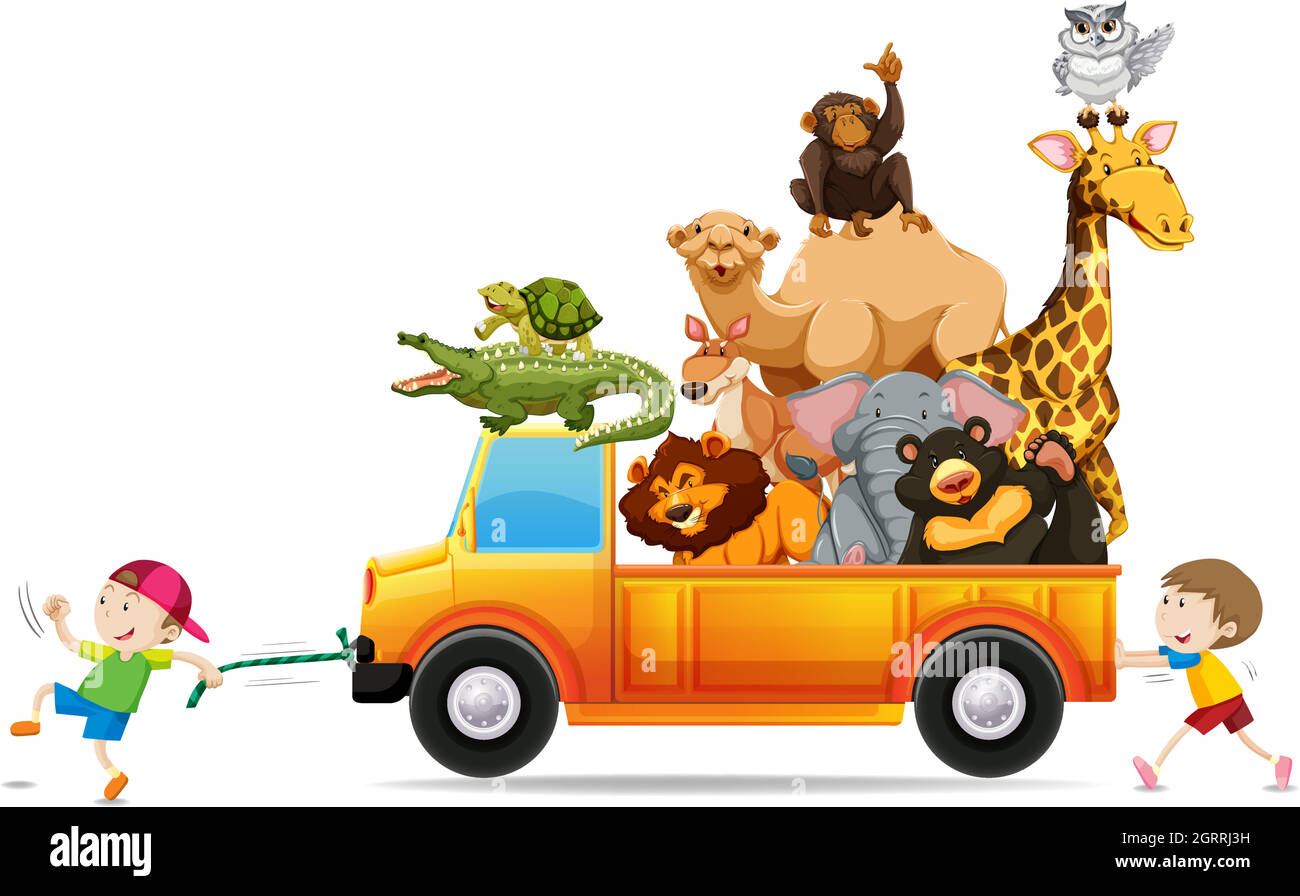 Children pulling a truck loaded with wild animals Stock Vector Image ...