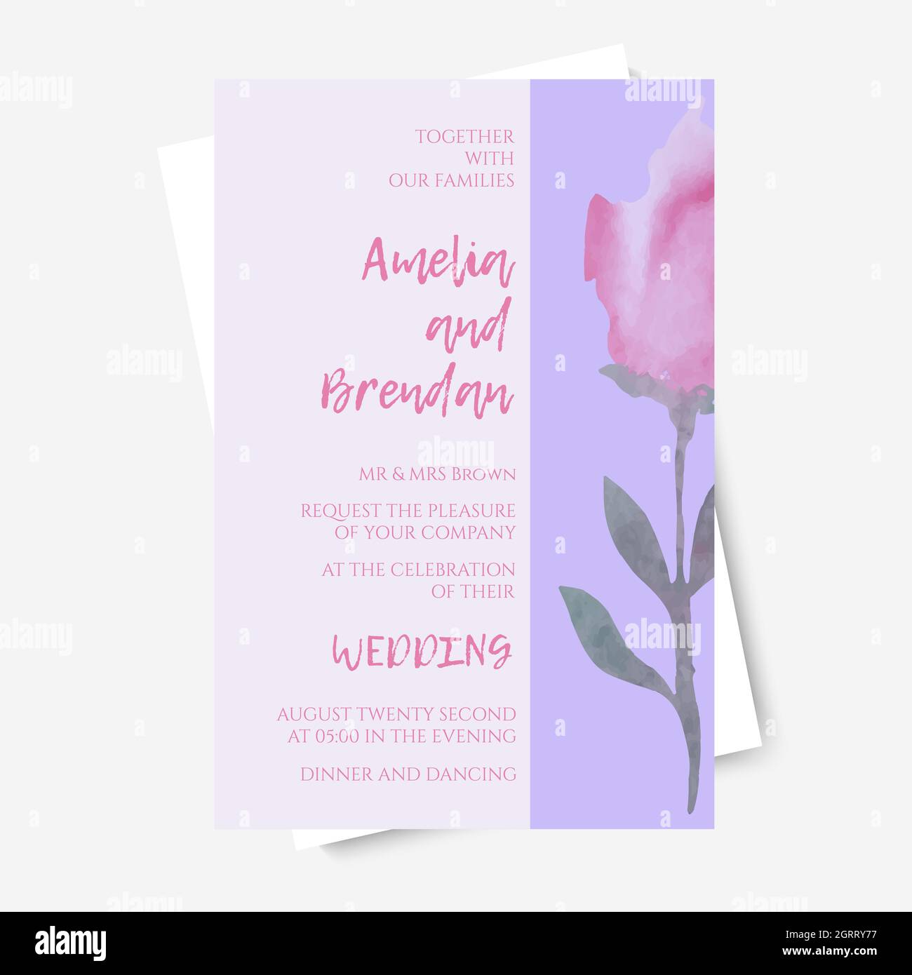 Vector illustration of wedding invitation template with a pink rose in ...
