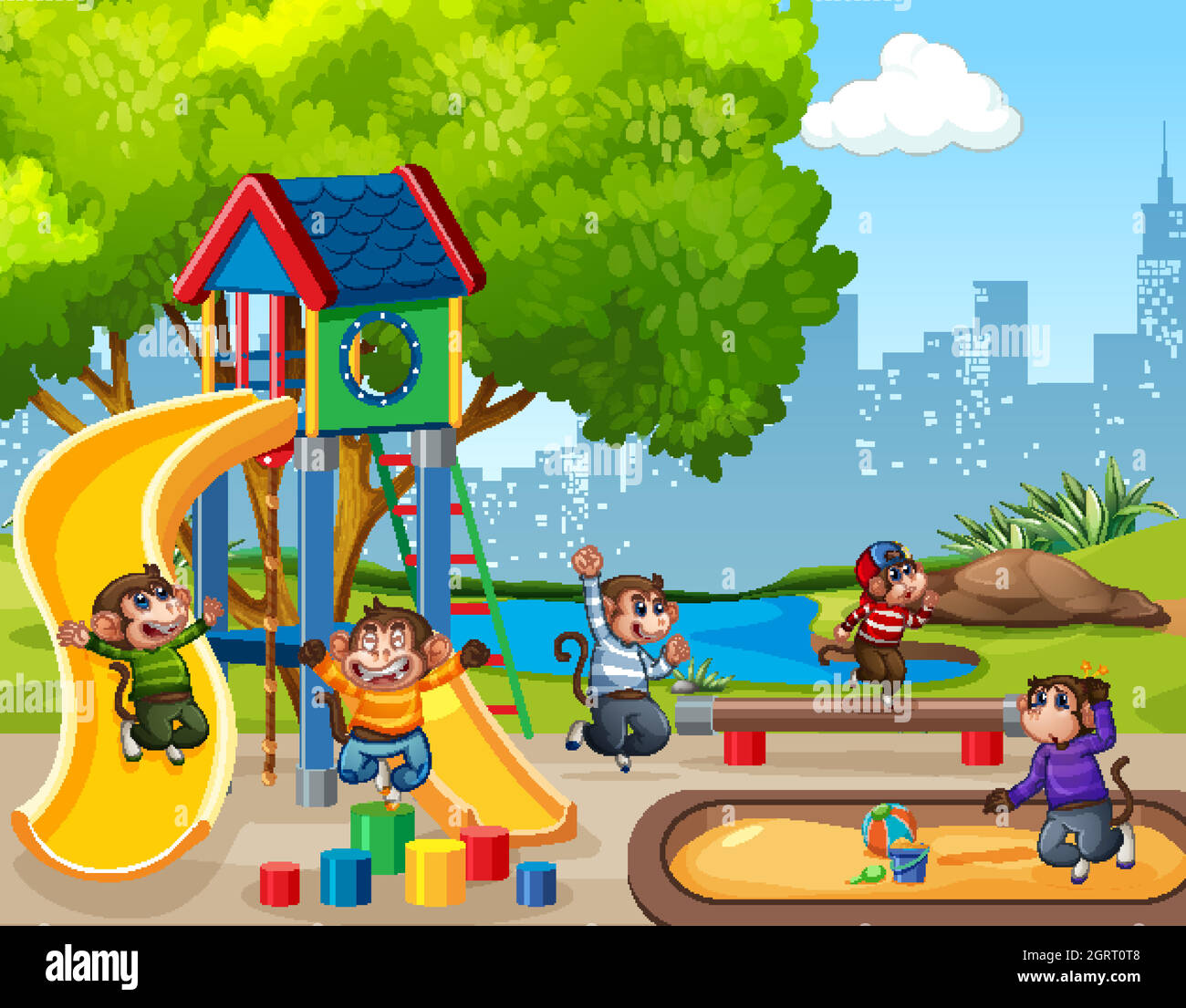 Five little monkeys jumping in the park playground scene Stock Vector ...