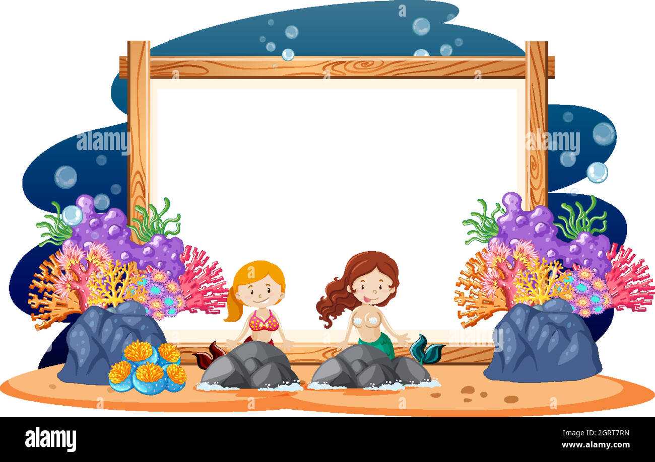 Border template design with mermaids swimming under the sea Stock ...