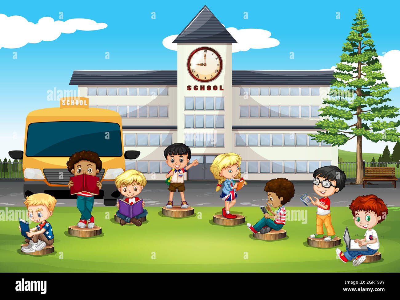 Kids in front of school bus Stock Vector Images - Alamy