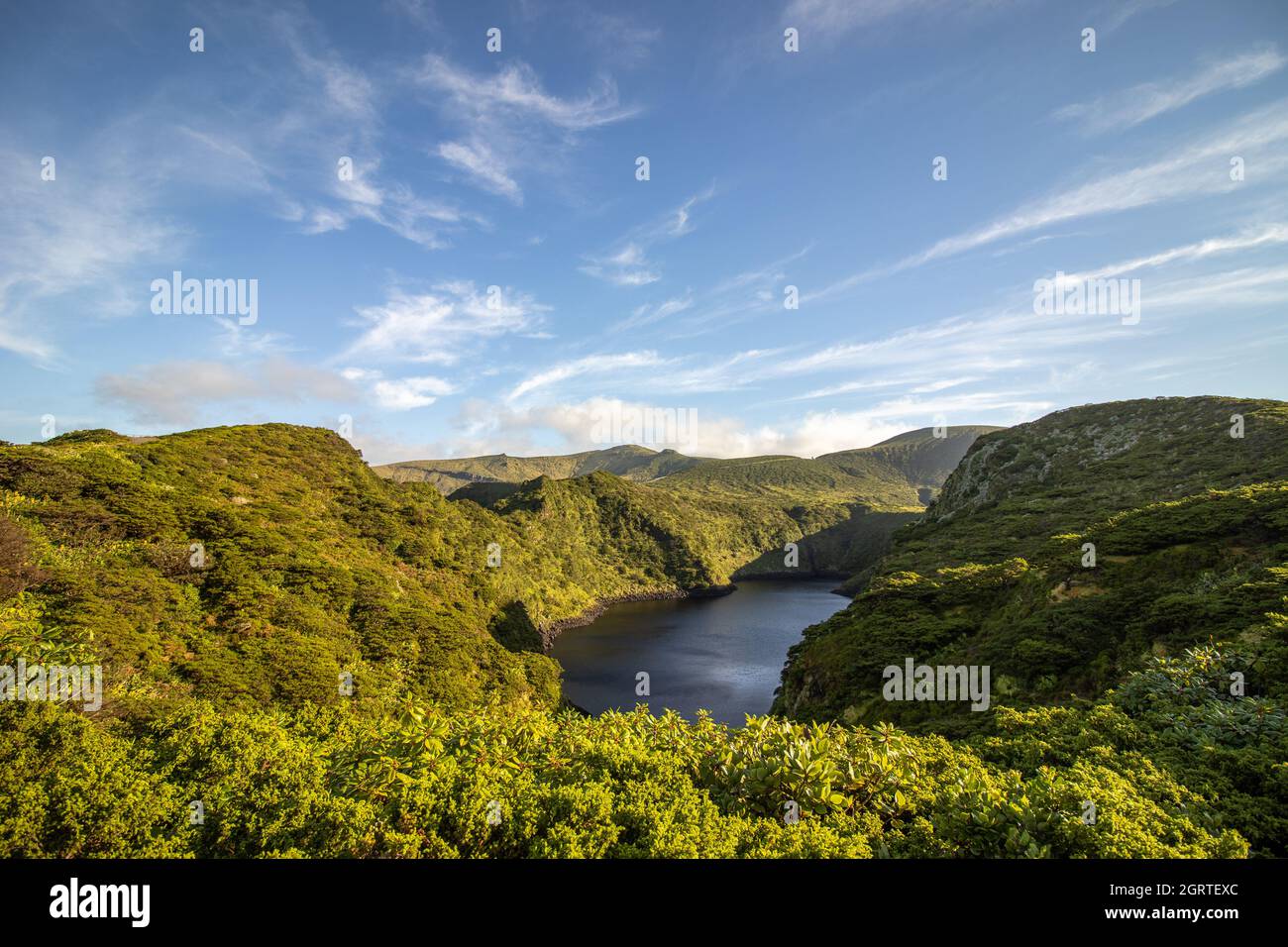 Azores islands, landscape with lake in green vegetation, Flores, travel ...