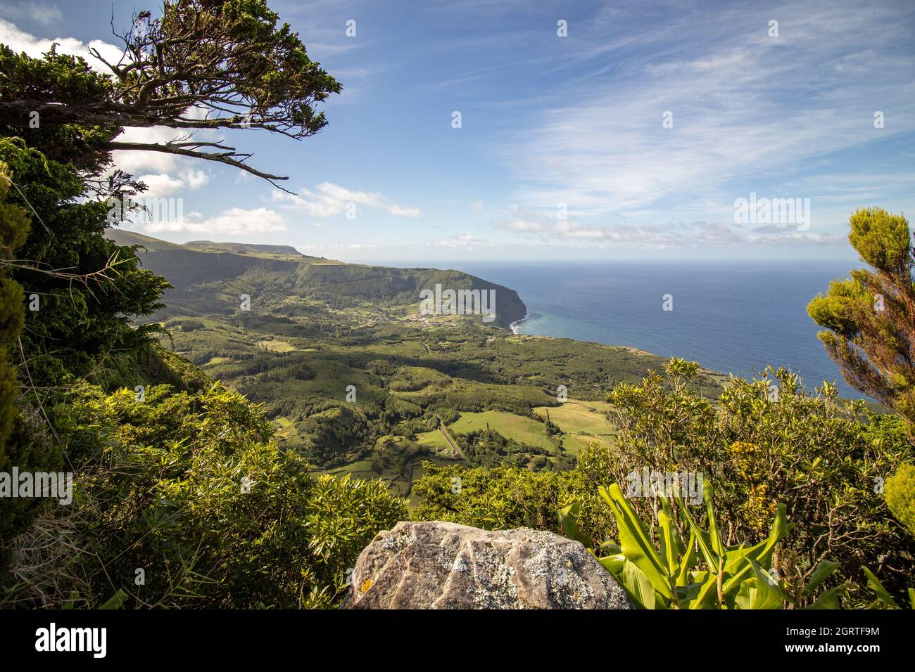 Azores islands, landscape with green vegetation, Flores, travel ...