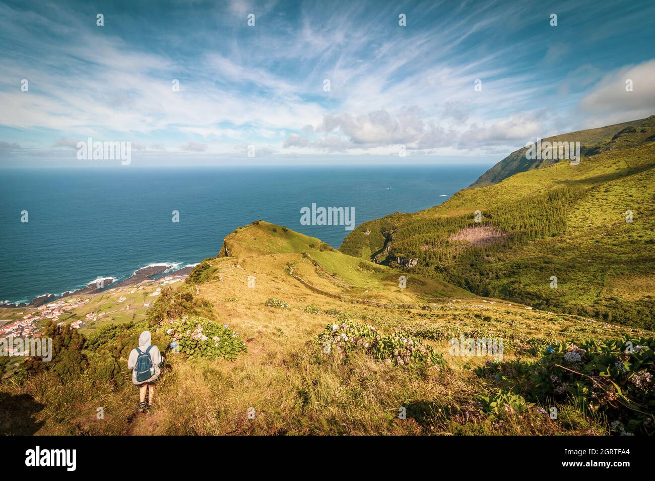 Azores islands, landscape with hiker in green vegetation, Flores ...