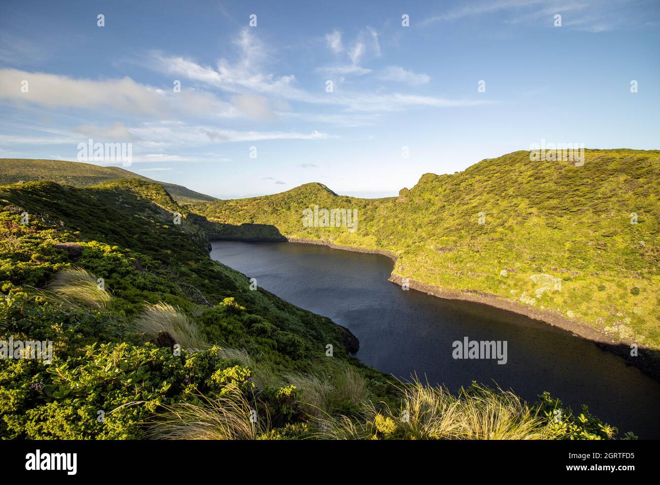 Azores islands, landscape with lake in green vegetation, Flores, travel ...