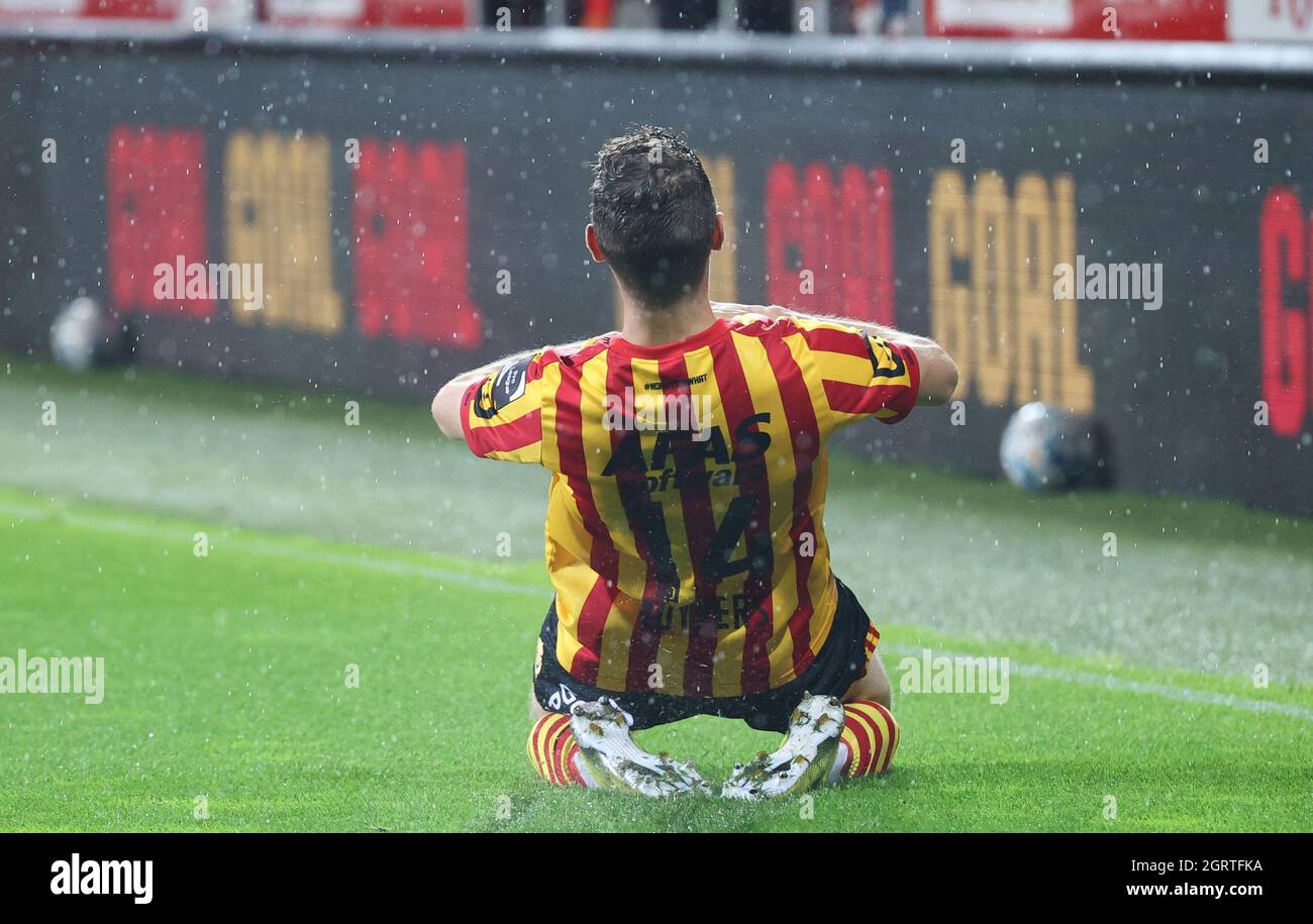 Mechelen's Hugo Cuypers celebrates after scoring during a soccer match ...