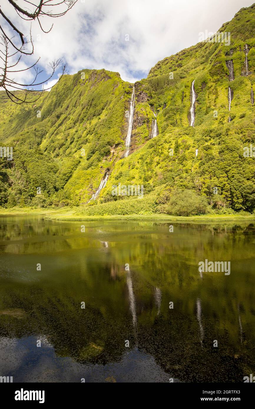 Amazing waterfalls, lake with reflection, water, green landscape ...