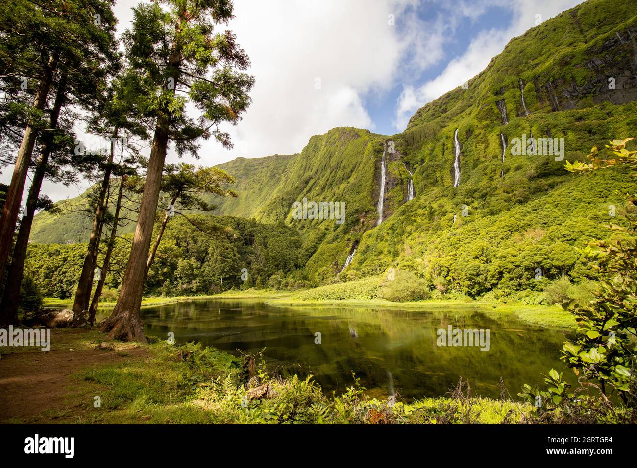 Amazing waterfalls, lake with reflection, water, green landscape ...