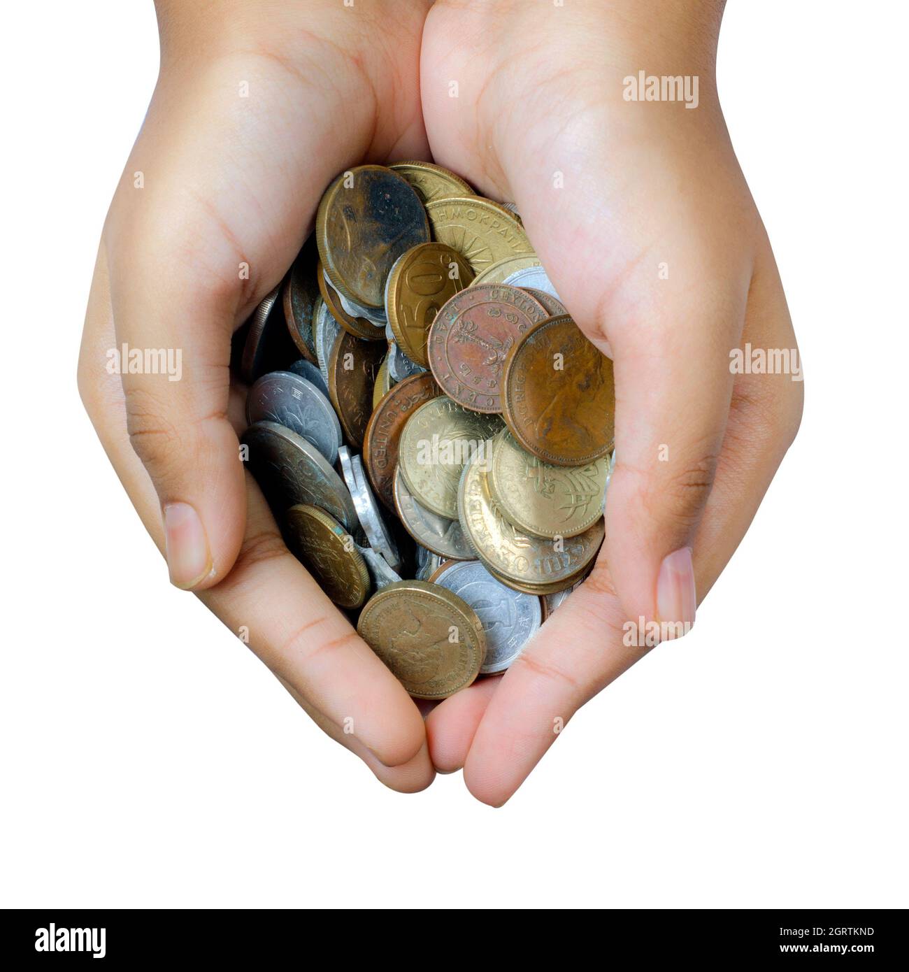 Coins in hands in isolated white background Stock Photo - Alamy