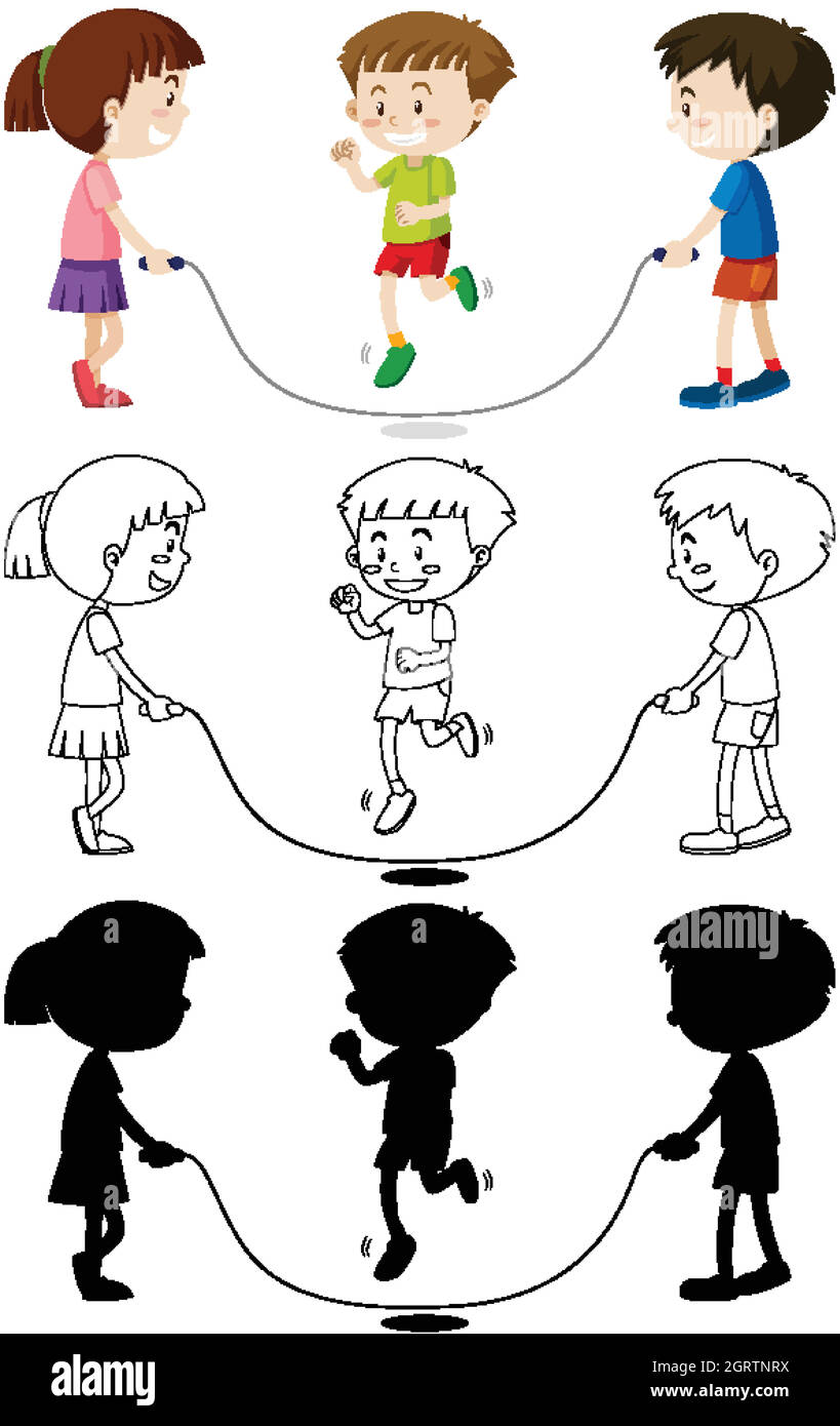 Three kids playing jump rope in color and in outline and silhouette ...